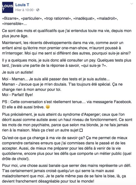 L'humoriste Louis T annonce sur Facebook qu'il est autiste - Petit ...