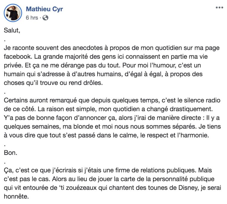L'humoriste Mathieu Cyr annonce sa séparation sur Facebook - Petit ...