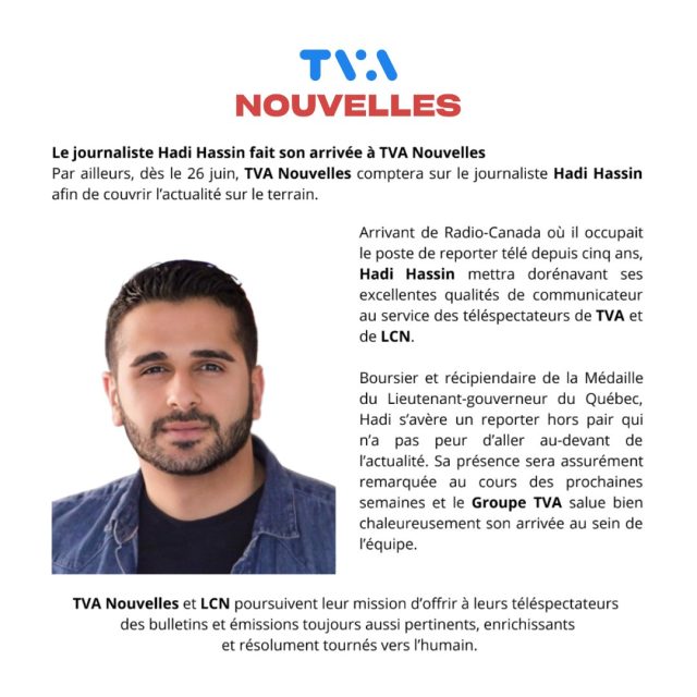 Le journaliste Hadi Hassin est maintenant chez TVA