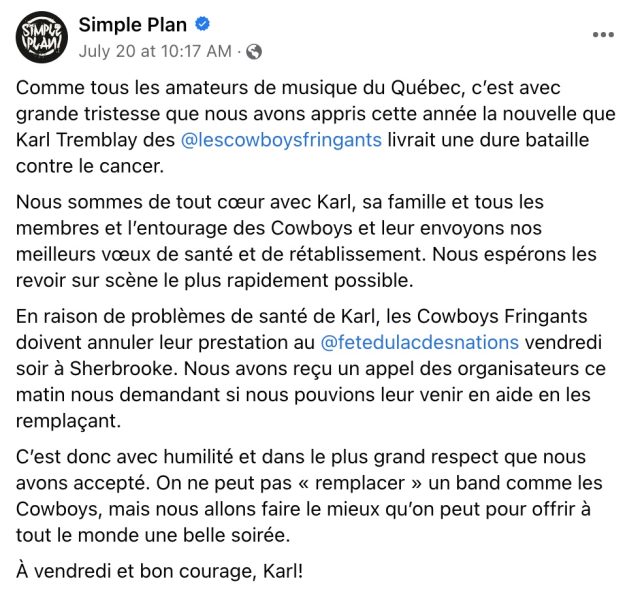 Simple Plan fait un vibrant hommage à Karl Tremblay lors d'un spectacle