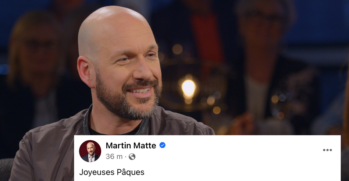 Martin Matte fait une blague avec son coco pour Pâques