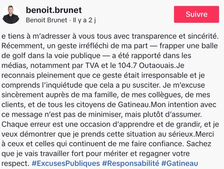 Le courtier à Gatineau Benoît Brunet présente ses excuses suite à sa ...